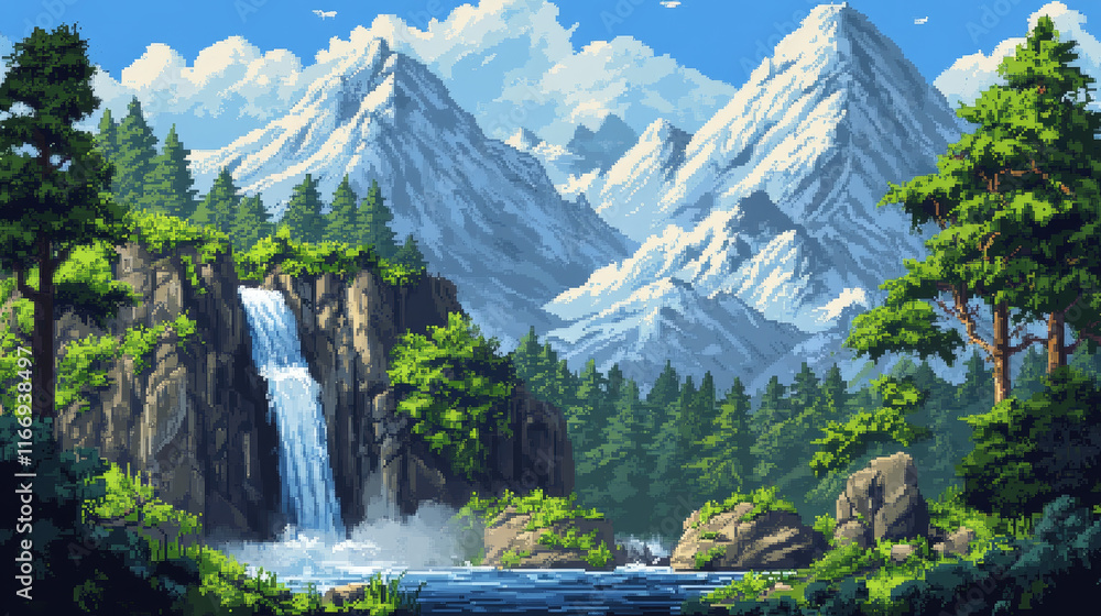 8 bit pixel landscape with mountains and waterfall cascade arcade game ...
