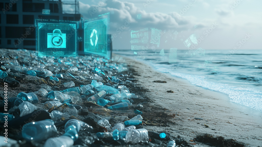 Polluted beach covered with plastic bottles, bags, and debris, with ...