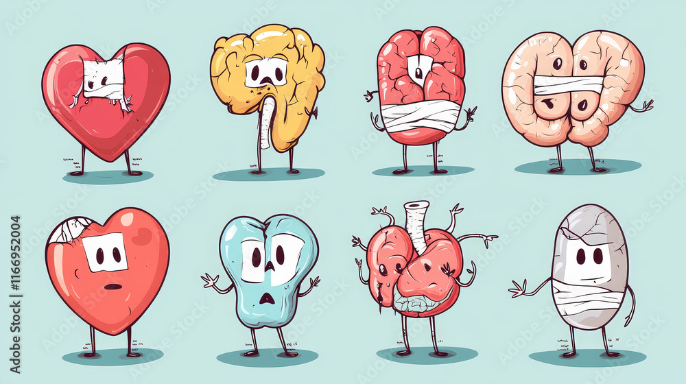 Ilustración de Stock Sick body organ characters. Injured and unhealthy ...