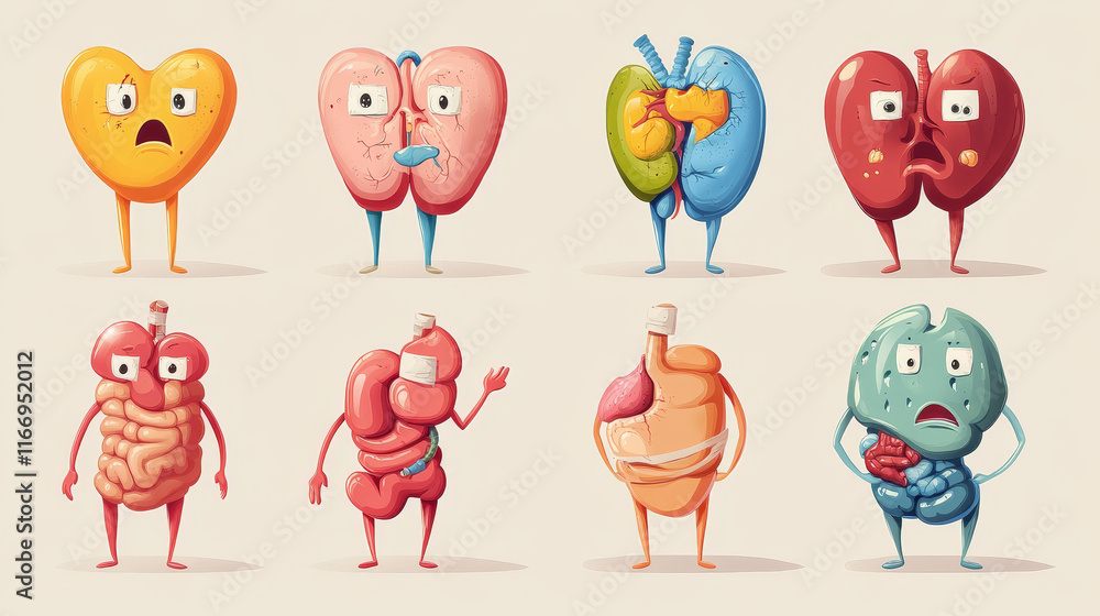 Ilustración de Stock Sick body organ characters. Injured and unhealthy ...