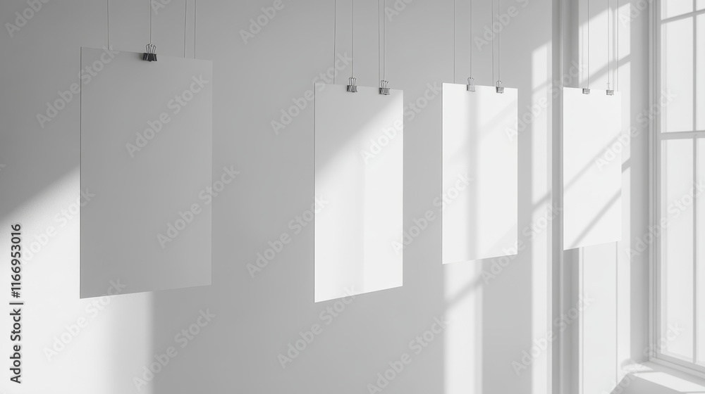 Hanging white paper sheet posters mockup, realistic 3d vector blank ...
