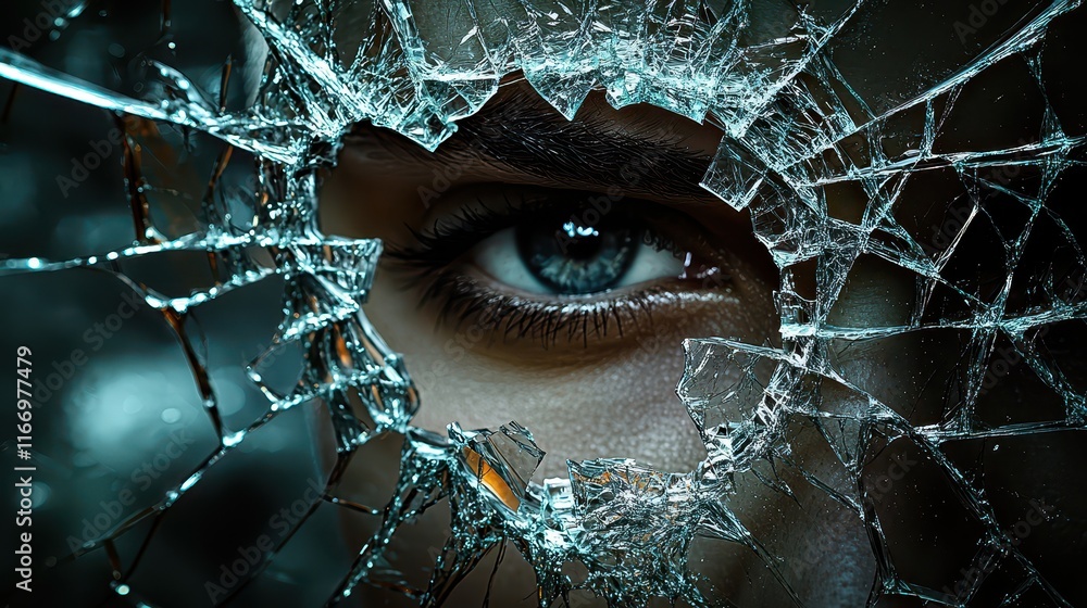 Cracked mirror reflecting blue eye with expressive details and ...