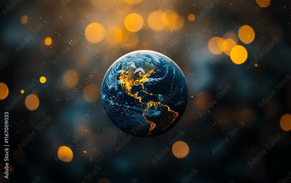 Planet Earth in an abstract tech background, surrounded by blurred city ...