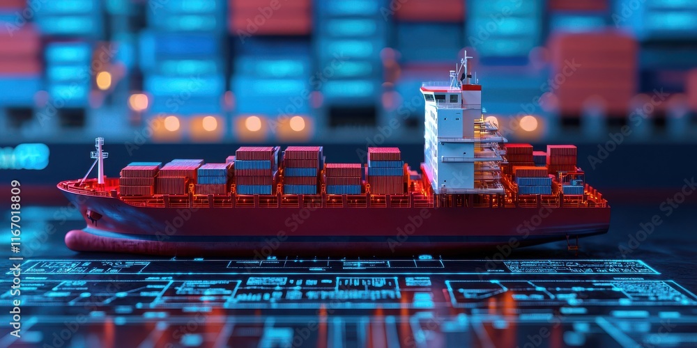 Cargo ship navigating trade routes in digital logistics urban ...