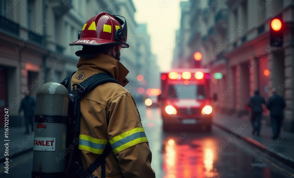 A firefighter in full gear stands facing an emergency scene with ...