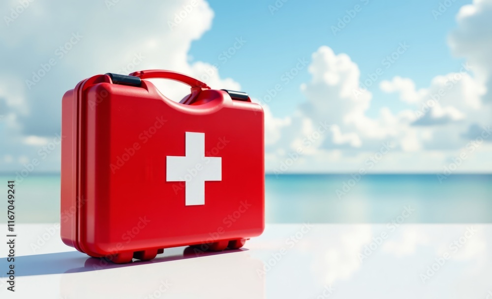 Red first aid kit case for emergency medical supplies on a white or ...