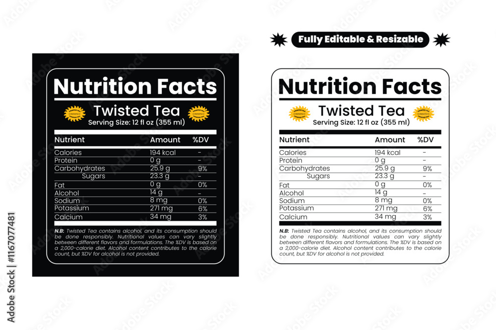 Vector de Stock Twisted tea nutrition facts. Nutrition facts label and ...