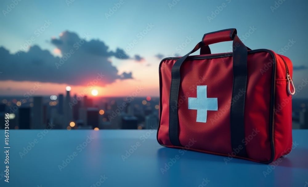 The red emergency first aid bag in the studio paramedic kit on the blue ...