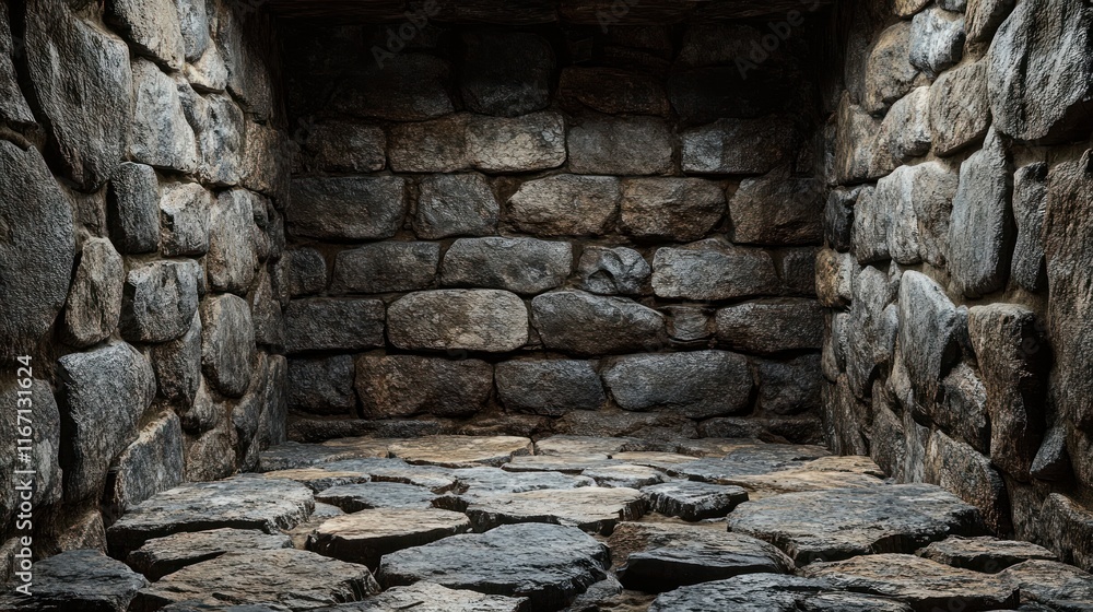 Dark and cavernous underground cave interior with rugged stone walls ...