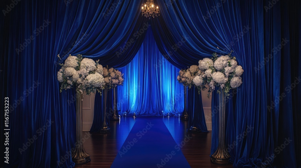 Elegant royal blue velvet backdrop with floral arrangements framing a ...