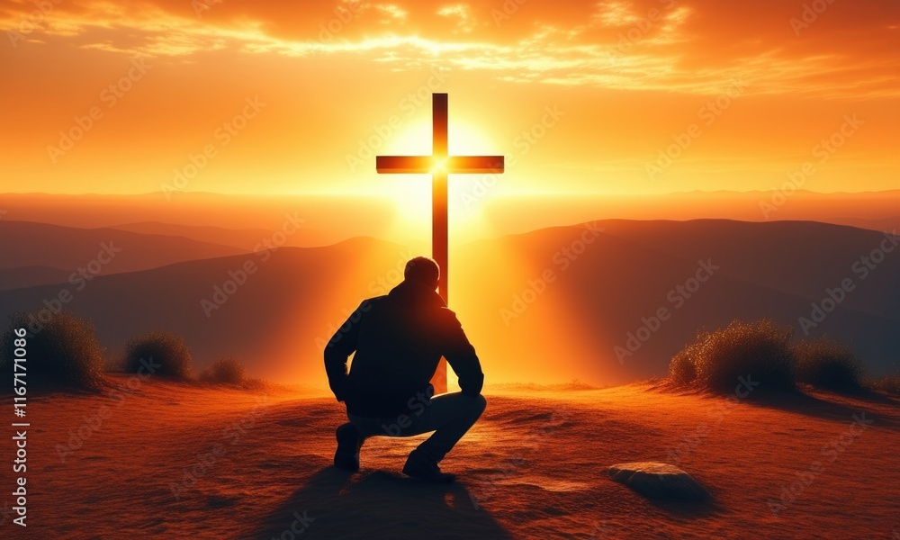 Silhouette of a man kneeling before a cross with a spiritual sunset Stock Photo | Adobe Stock