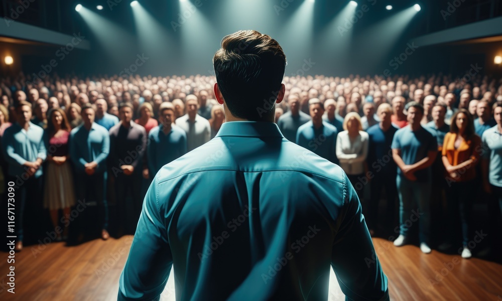 Speaker addressing large audience in dimly lit auditorium from stage ...