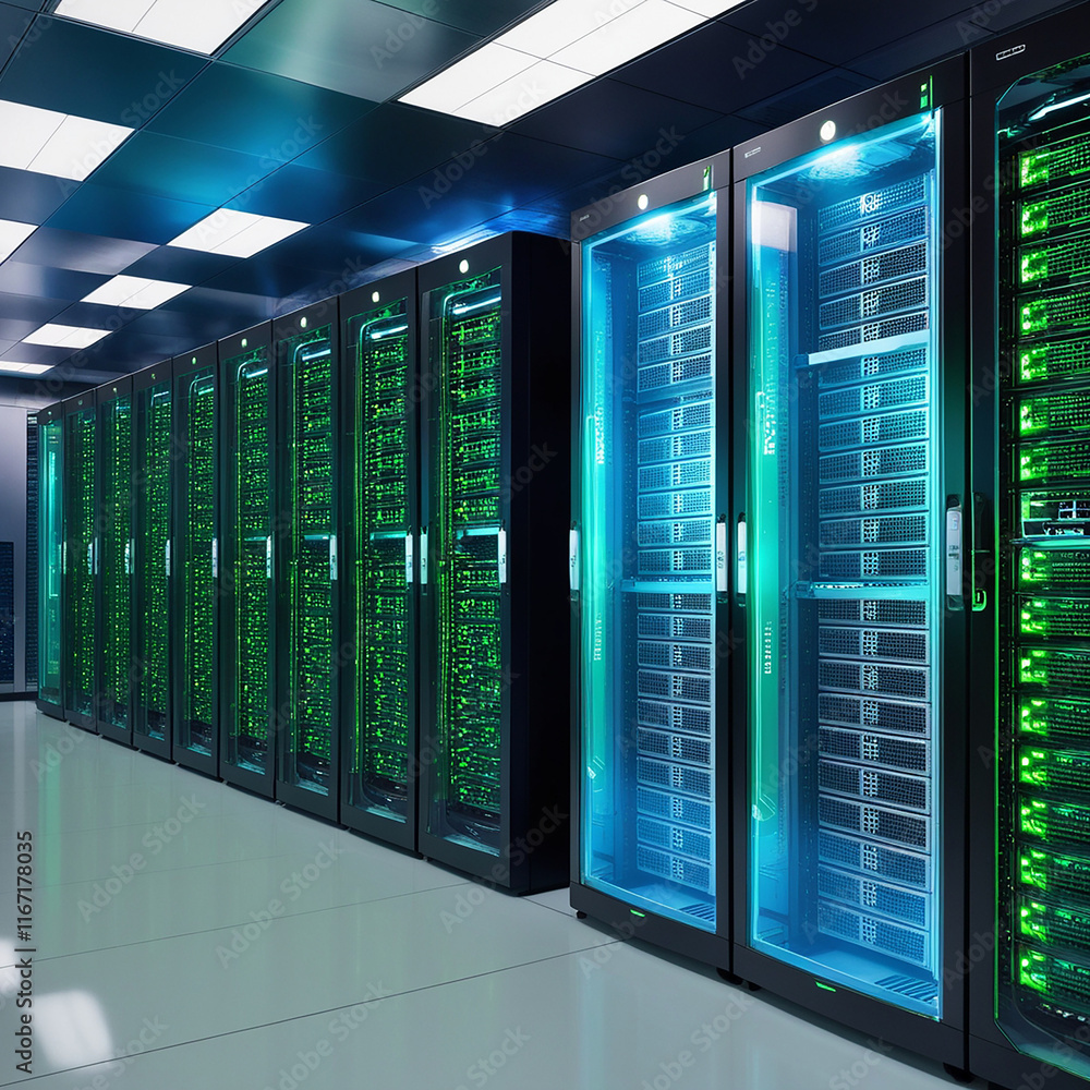 high-tech data center is depicted in a stock photo with a server room featuring rows of servers ...