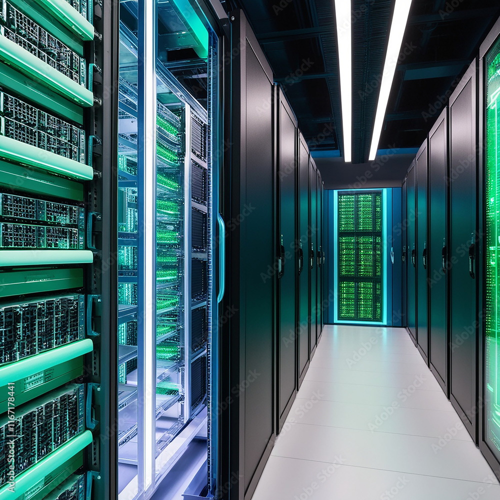 Foto de Stock high-tech data center is depicted in a stock photo with a server room featuring ...