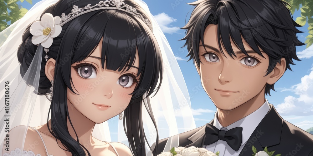 Anime wedding couple under blue sky with elegant attire and joyful ...