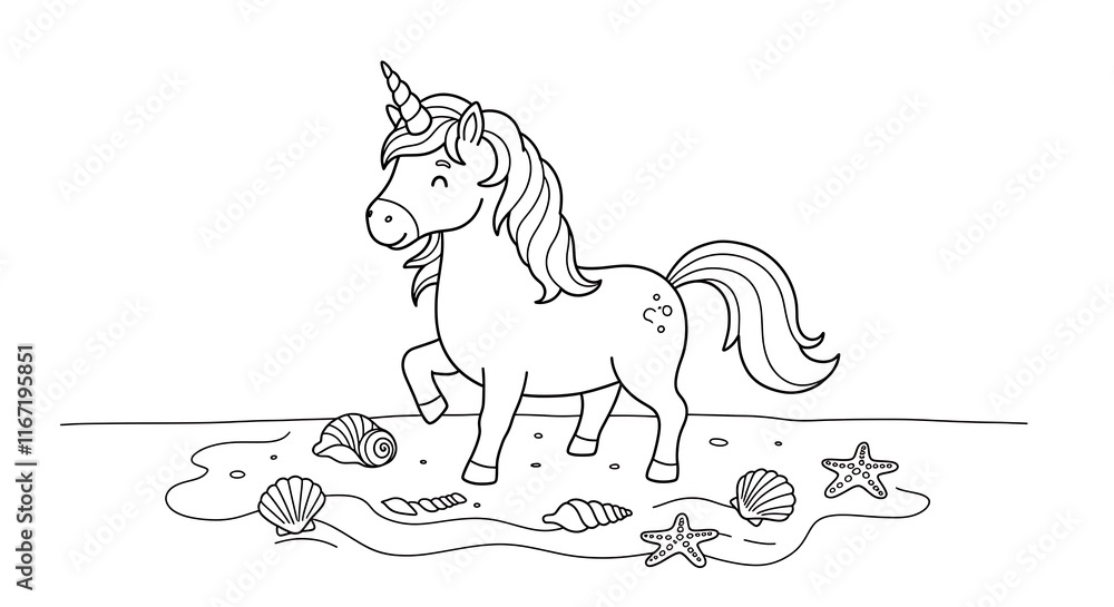 Cute unicorn coloring page with seashells and starfish. Kids will love ...