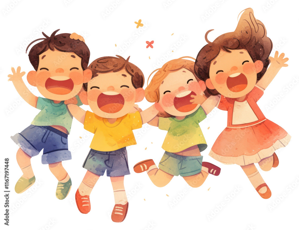 PNG A cute four kids jumping together happy illustration children faces ...