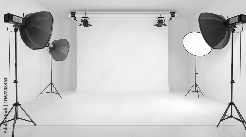 Versatile Empty Studio with Spotlights and Blank Backgrounds for Scene ...