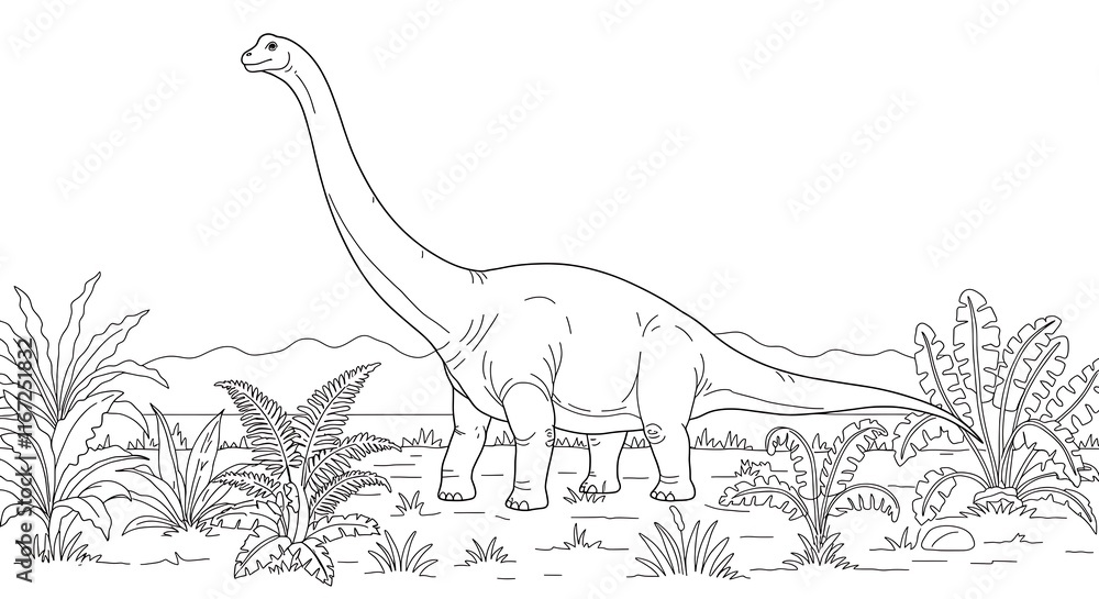 Extinct prehistoric dinosaur coloring page. Sauropod with long neck in ...