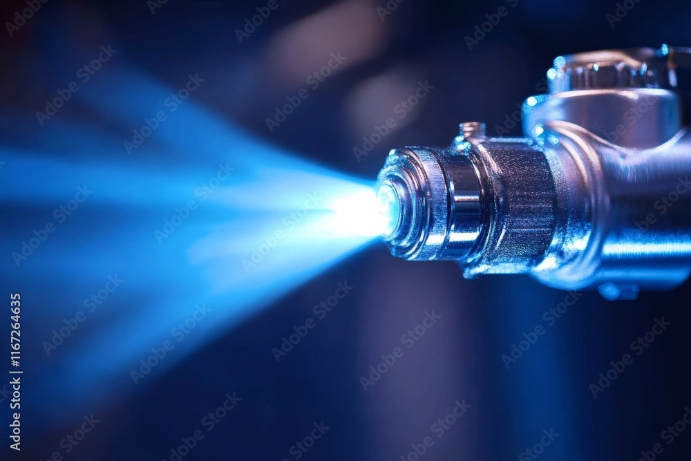 Plasma thruster emitting light blue plasma beam for spacecraft ...