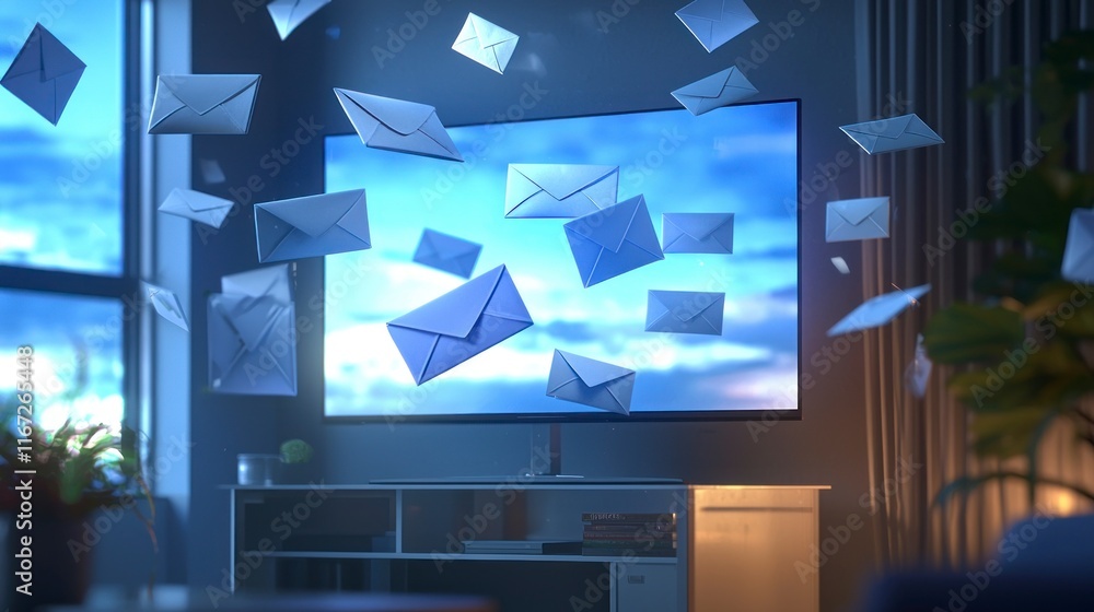 Emails flying from TV screen in living room. Stock Photo | Adobe Stock