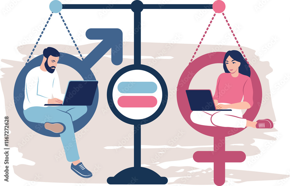 Gender equality concept. Men and women characters on the scales for ...