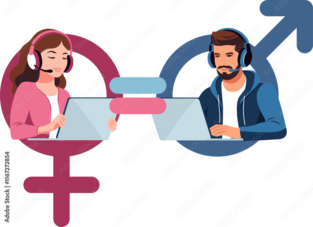 Men and women characters on the scales for gender equality on ...