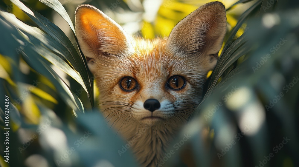 Fennec Fox Peeking Through Palm Leaf Desert Oasis Wildlife Photography ...