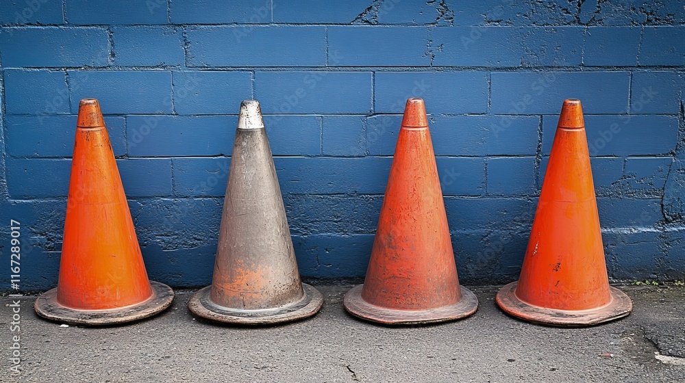 Four traffic cones lined up against a blue wall, showcasing wear and ...