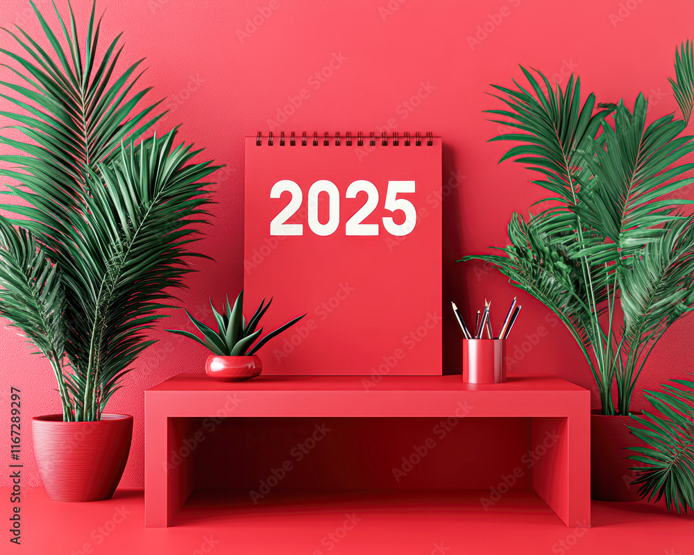 2025 planning calendar with green plants modern workspace minimalist ...