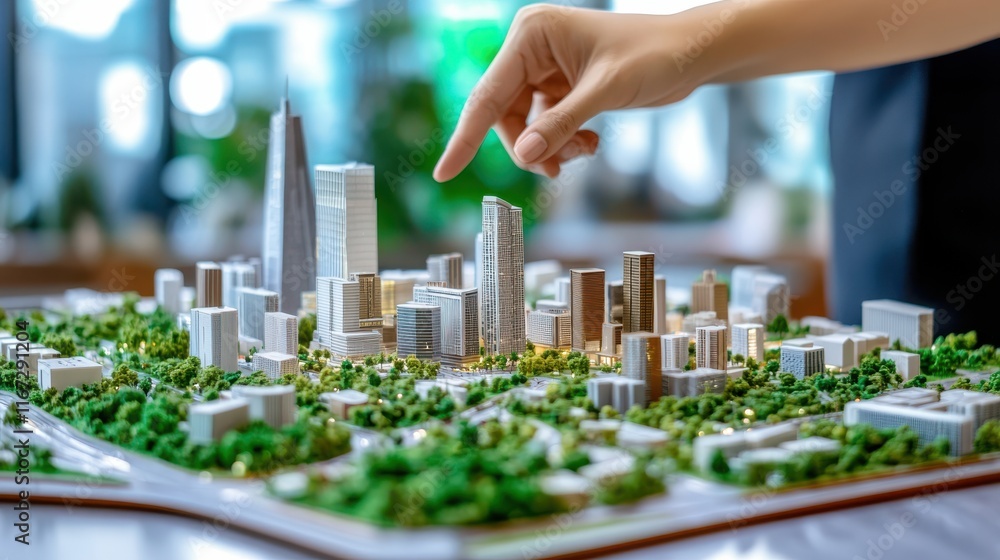 Architect hand pointing to detailed city model, showcasing urban design ...