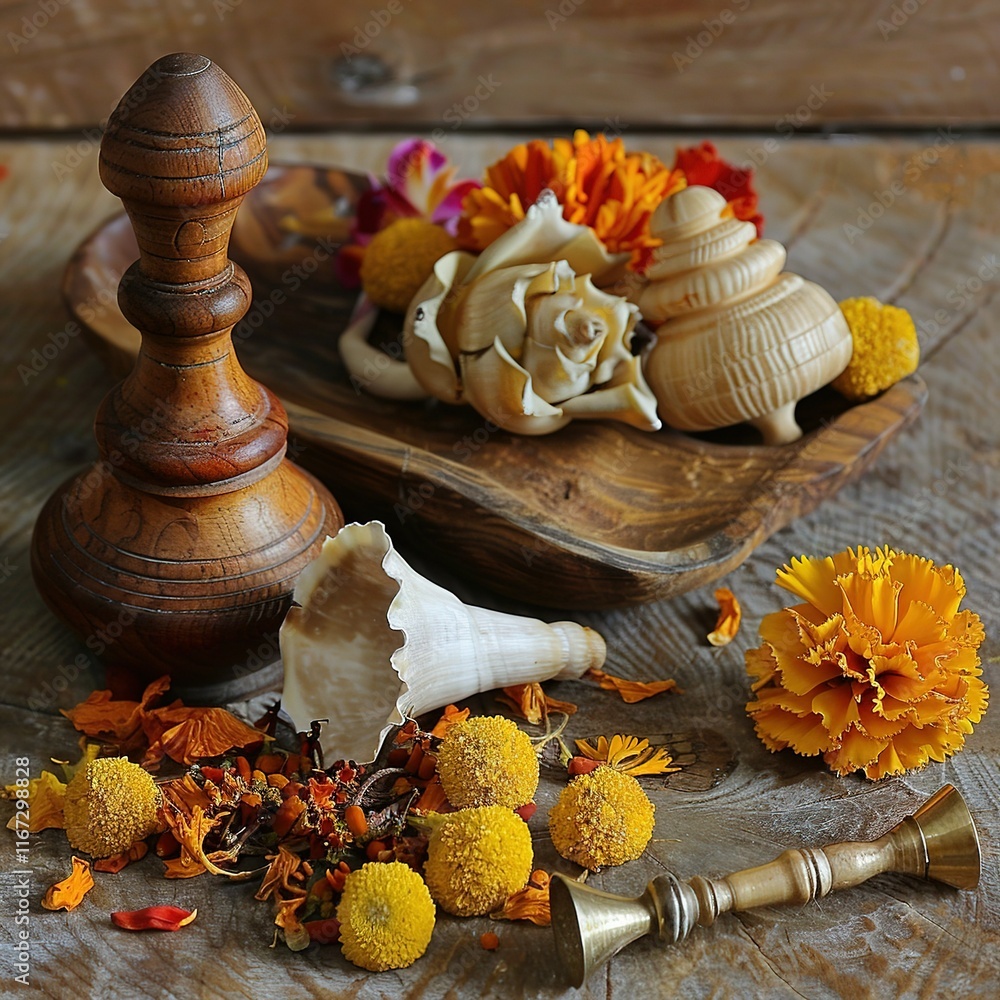 puja essentials ghanta, puja bell, conch shell,sandalwood and marigold ...