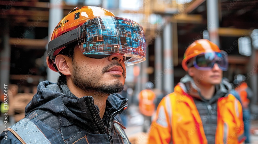 Construction worker using AR headset at job site, reviewing blueprints ...