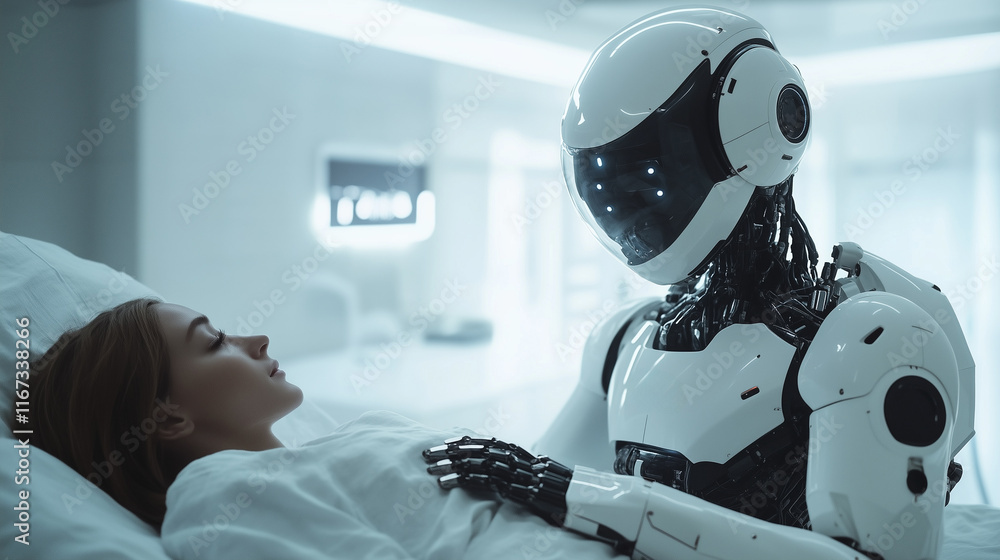 humanoid robot doctor examining a patient, technology, future tech, AI ...