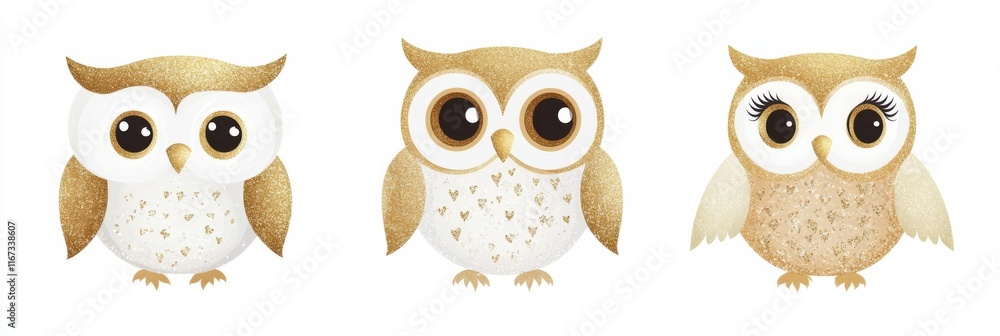 Elegant white and gold glitter owl clipart collection with charming ...