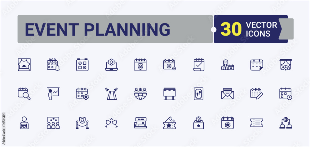 Event Planning linear icon collection. Includes icons for app, happy ...