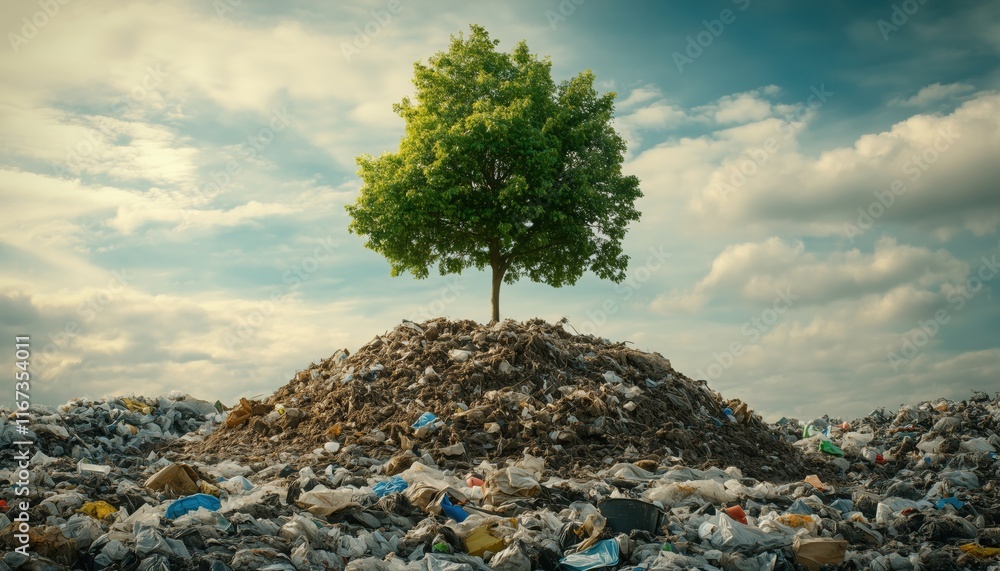 Emerging Strength: A Green Tree Growing Out Of Pollution As A Symbol Of ...