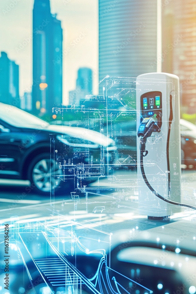 Desktop setup with CAD blueprints of electric vehicle charging stations ...