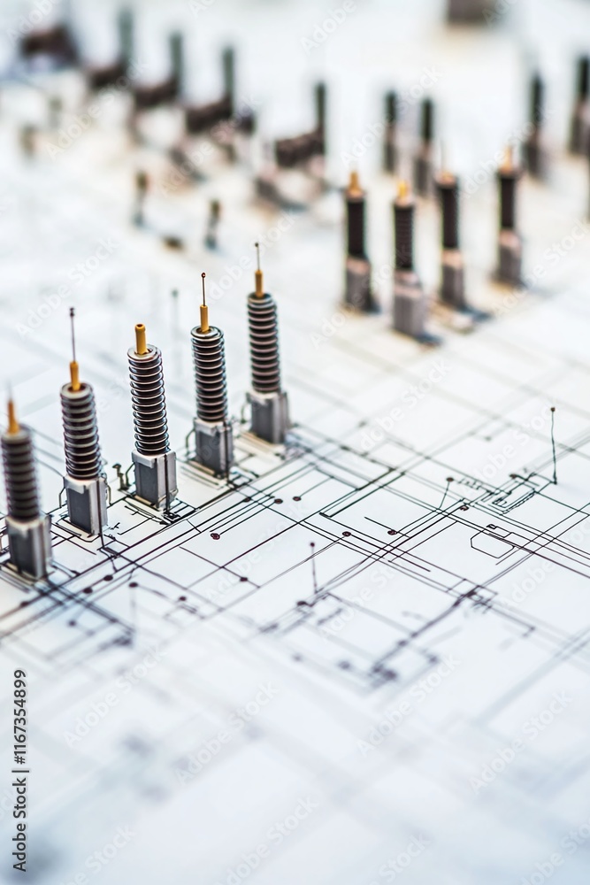 Detailed CAD blueprint of a power grid system with labeled substations ...
