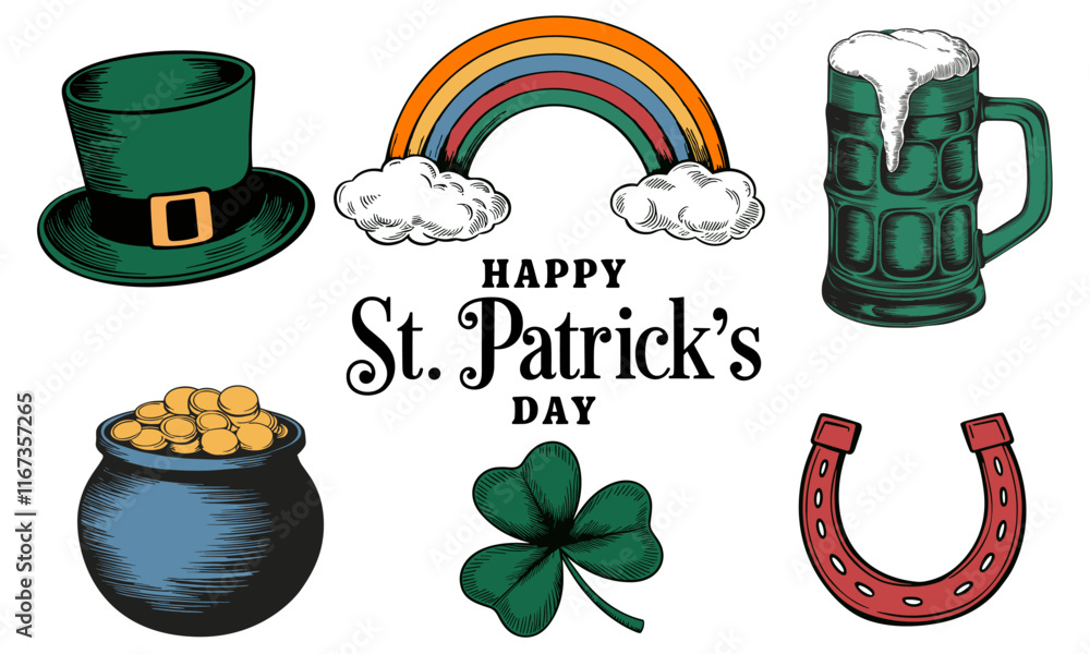 Vector illustration of St. Patrick's Day symbols, vintage engraving ...