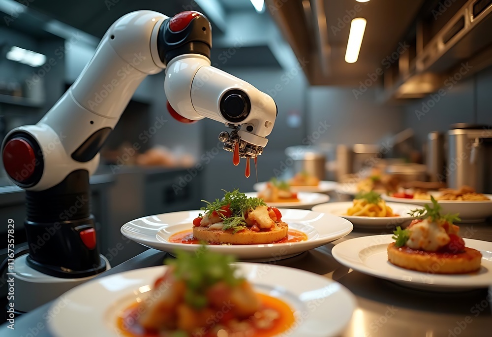 Robotic arm plating exquisite dishes in a modern kitchen setting at ...