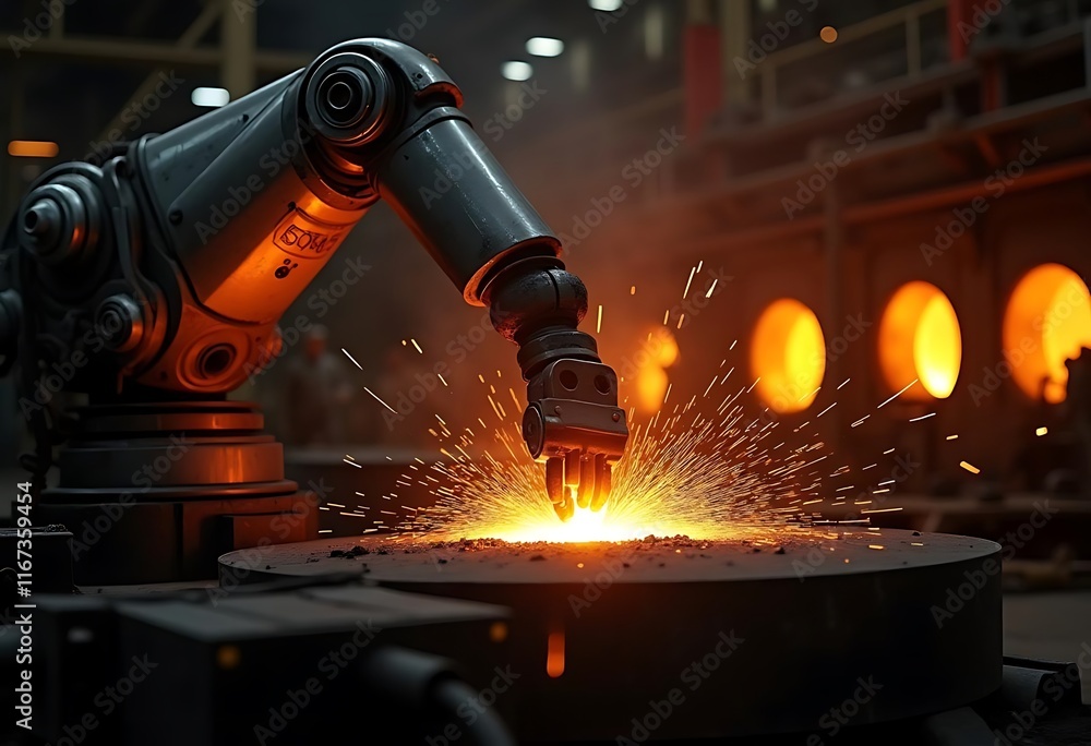 Robotic arm shaping metal in industrial workshop during late evening ...