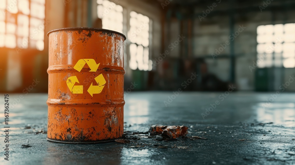 An old recycling drum, prominently displaying the recycle symbol, is ...