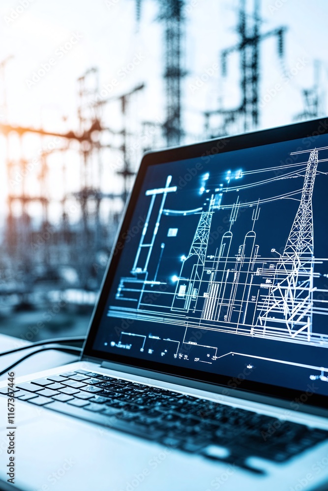 Laptop showing a detailed CAD blueprint of a power station and ...