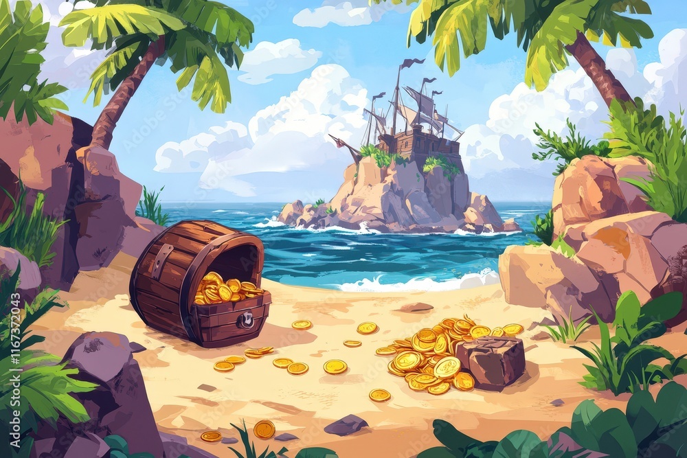 Tropical Island Pirate Treasure Beach Scene Stock Illustration | Adobe ...