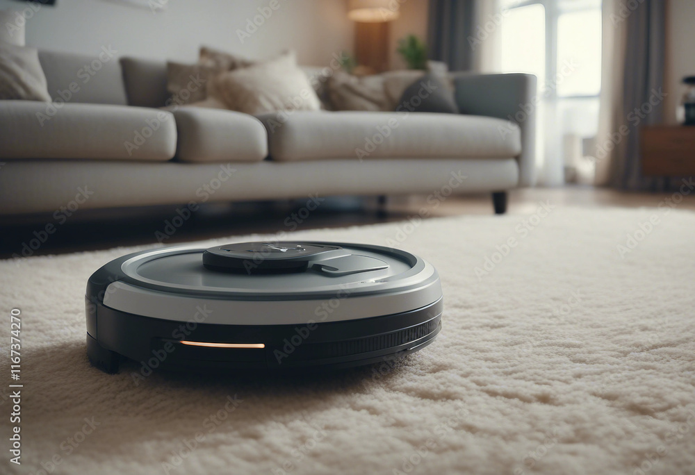 Wireless futuristic vacuum hoover cleaning machine robot on schedule in ...