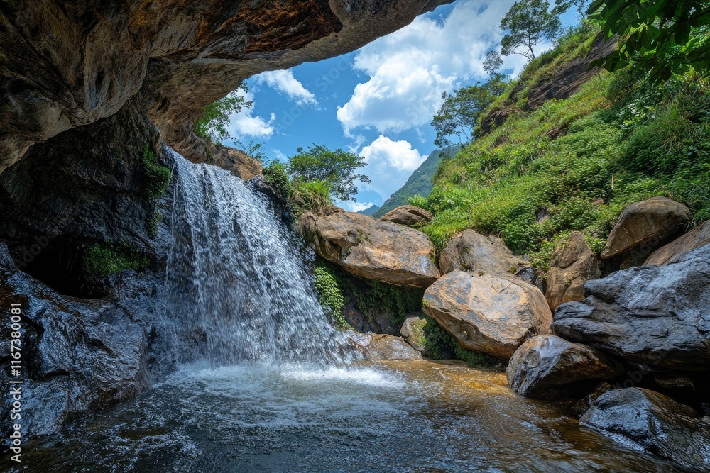 Waterfall view seen from inside the cave in Rantang traditional temple ...