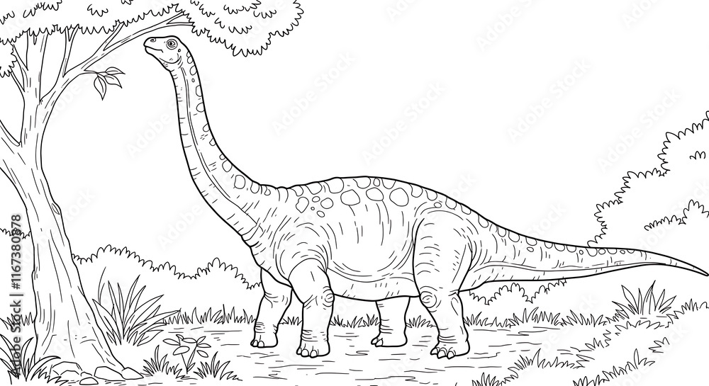 Prehistoric dinosaur with a long neck. Black and white coloring page ...