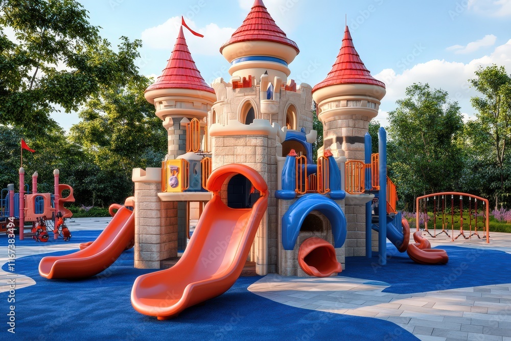 Castle themed playground with slides and climbing structures Stock Illustration | Adobe Stock