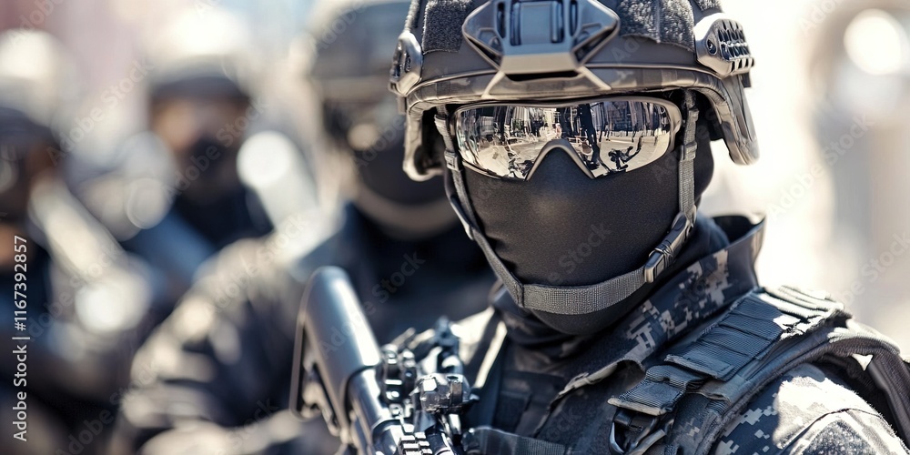 swat team police special forces in full armored gear - fictional Stock ...